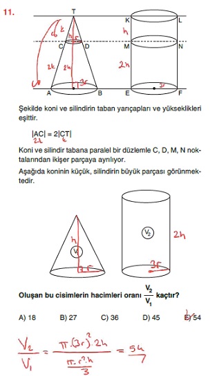 Acil matematik geometri soru bankası katı cisimler koni test 1 A+ ...